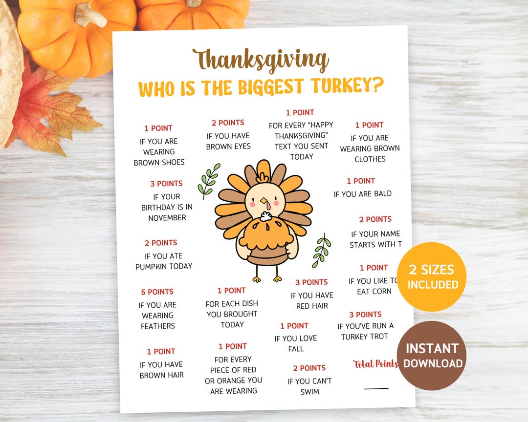 Thanksgiving Game, Who is the Biggest Turkey, Fun Thanksgiving Game ...