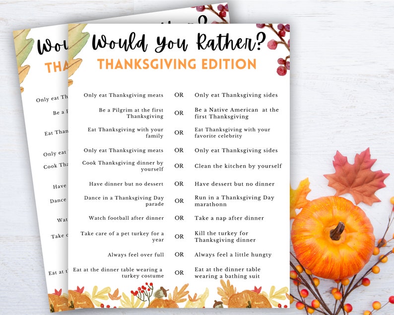 Thanksgiving Games Thanksgiving Party Games Would You Rather - Etsy