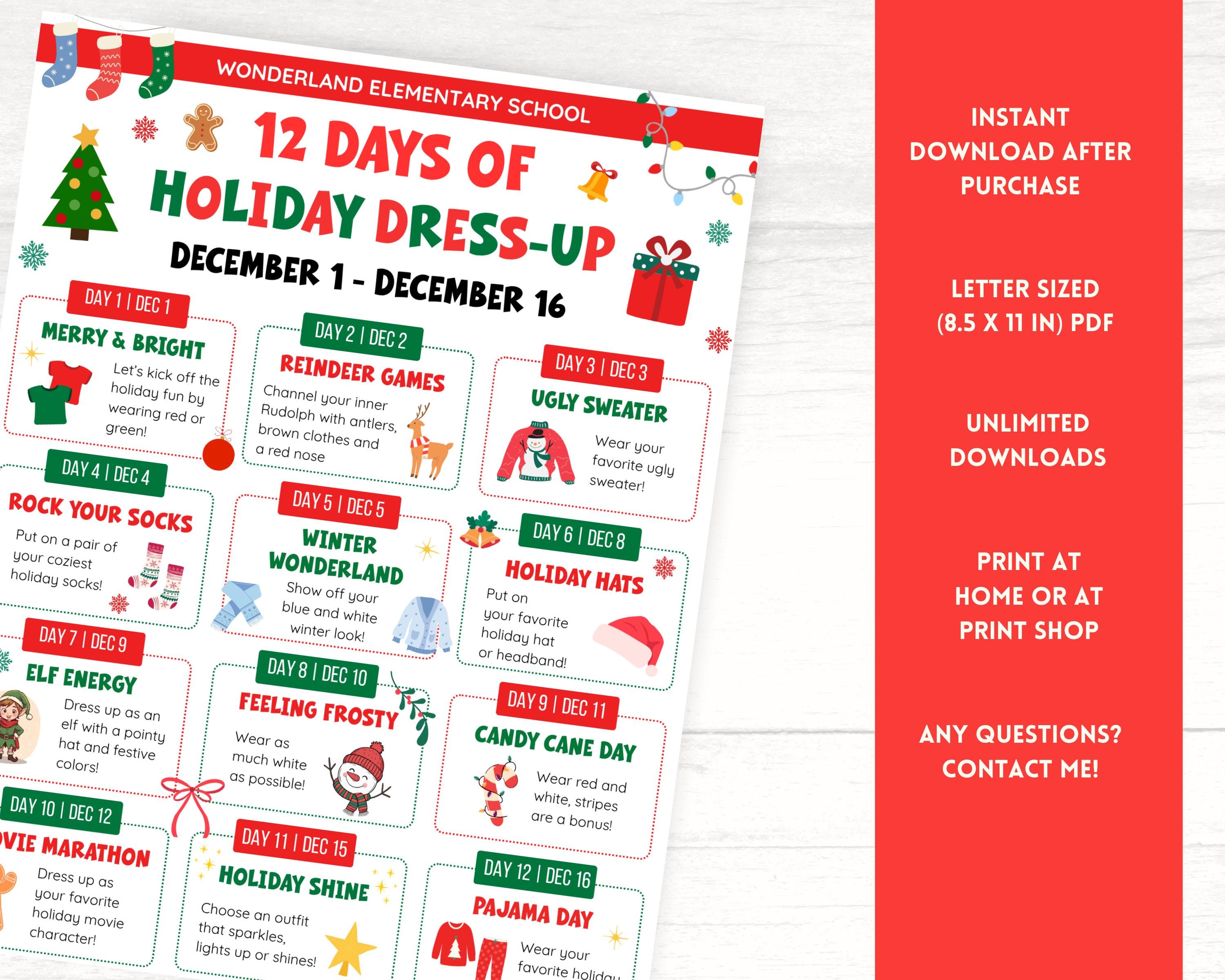 12 Days of Christmas Dress up Flyer, Holiday School Spirit Week ...