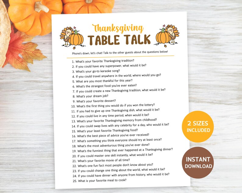Thanksgiving Table Talk, Thanksgiving Game, Conversation Starters ...