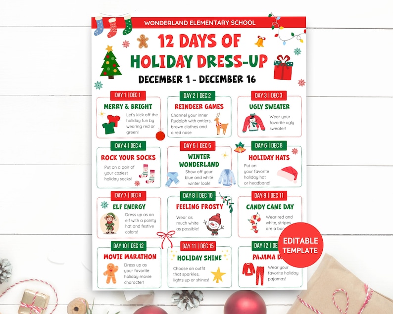 12 Days of Christmas Dress up Flyer, Holiday School Spirit Week ...