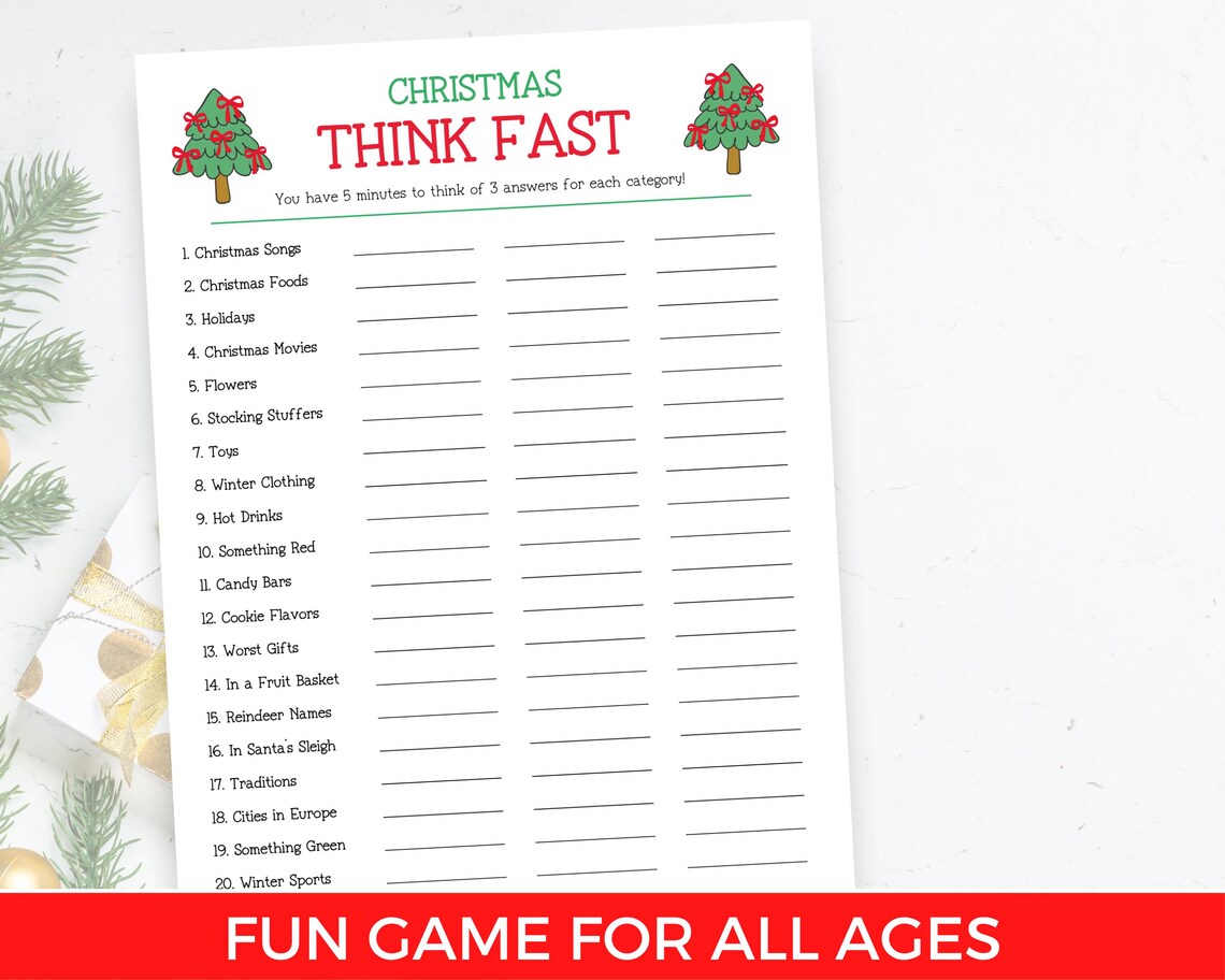 Christmas Think Fast, Holiday Party Game, Christmas Printable Game ...