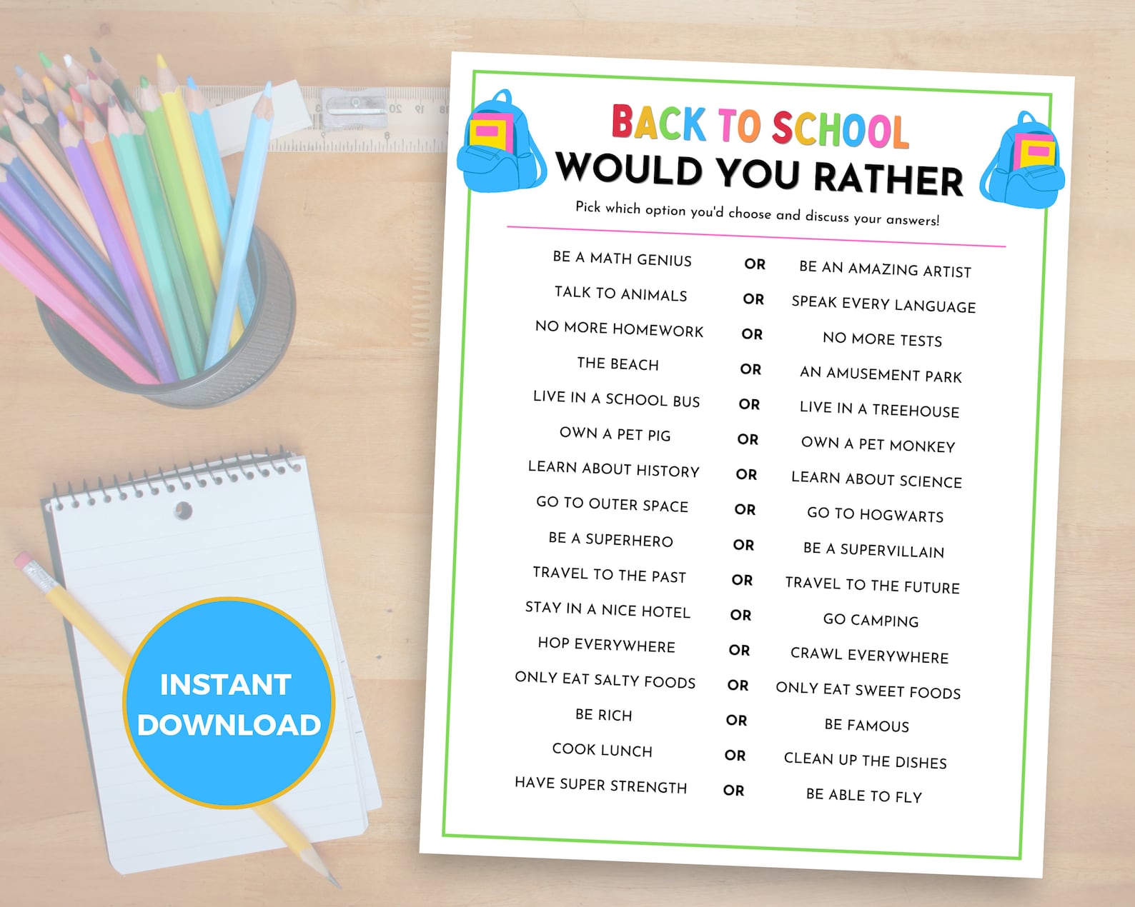 Back to School Game Printable, Back to School Would You Rather ...