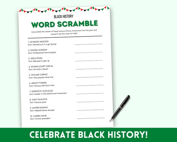 Black Word Scramble Worksheets