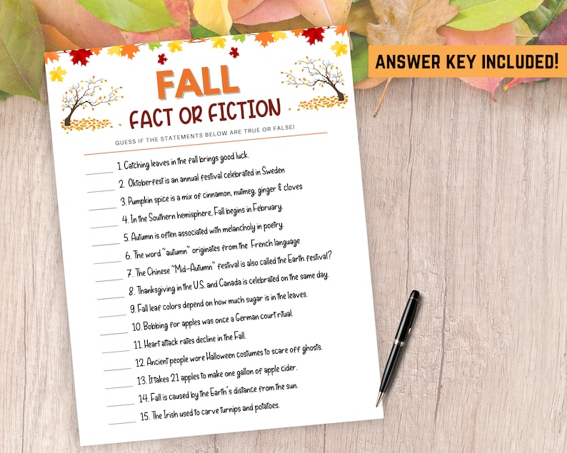 Fall Trivia Game Fact or Faction Fall Party Game Fall Themed - Etsy