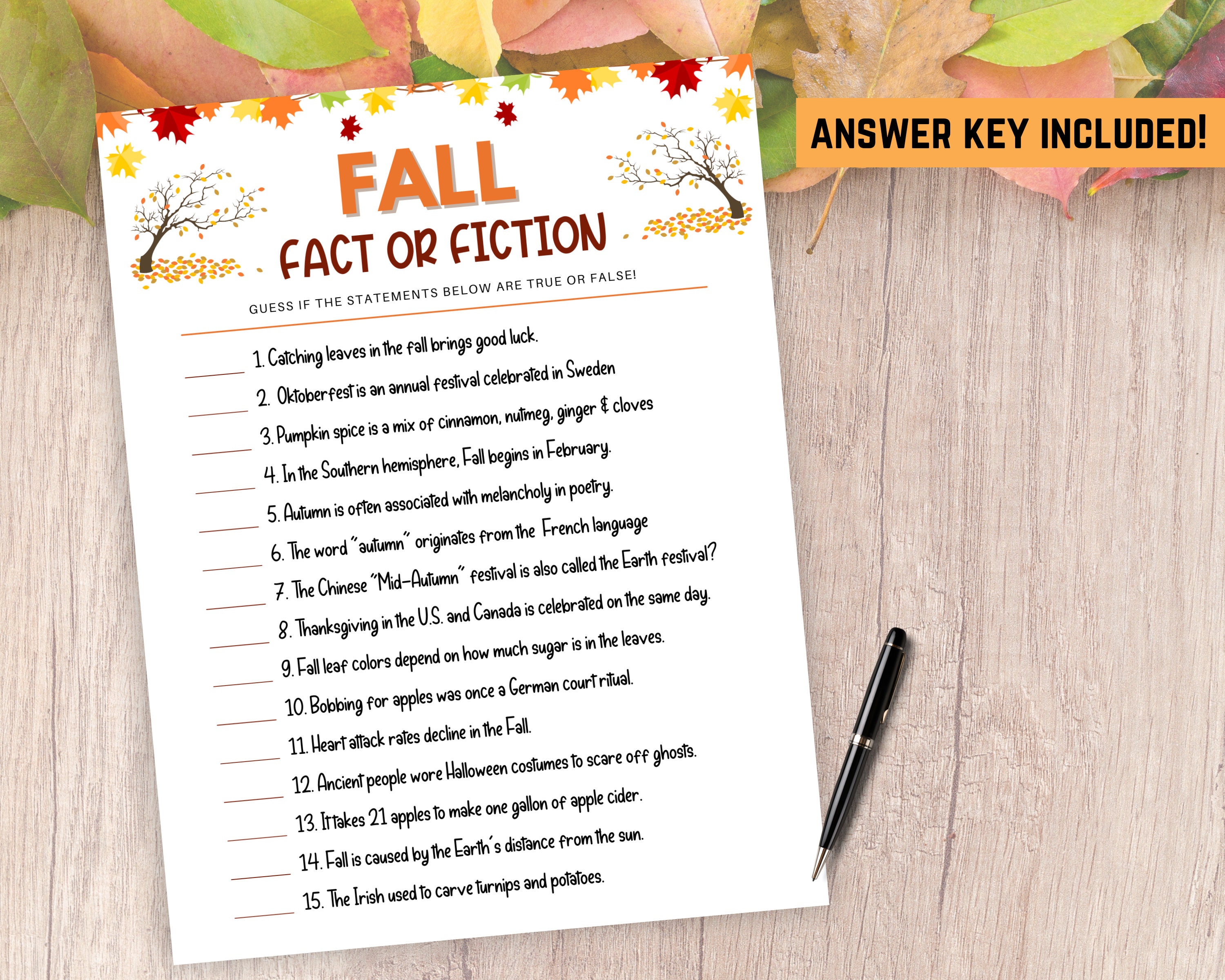 Fall Trivia Game Fact or Faction Fall Party Game Fall Themed - Etsy