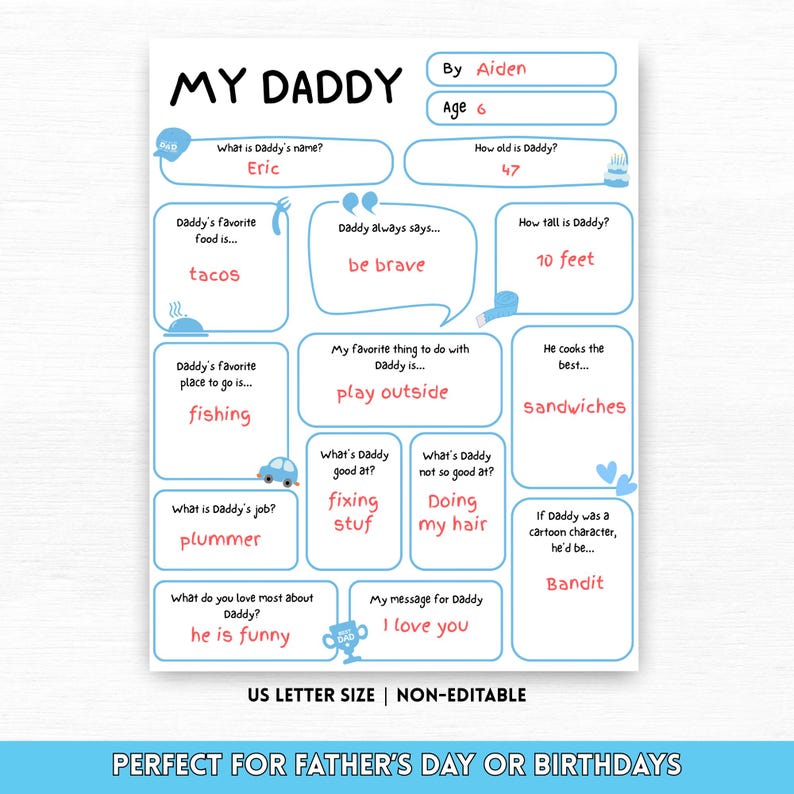 All About My Daddy, Father’s Day Questionnaire, Father's Day Gift. Fill ...
