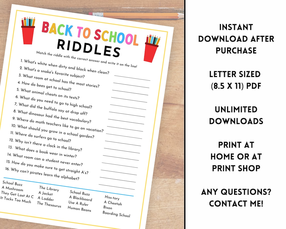 Back to School Riddles Printable Back to School Game First - Etsy