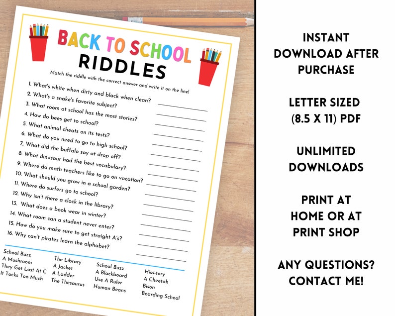 Back to School Riddles Printable Back to School Game First - Etsy