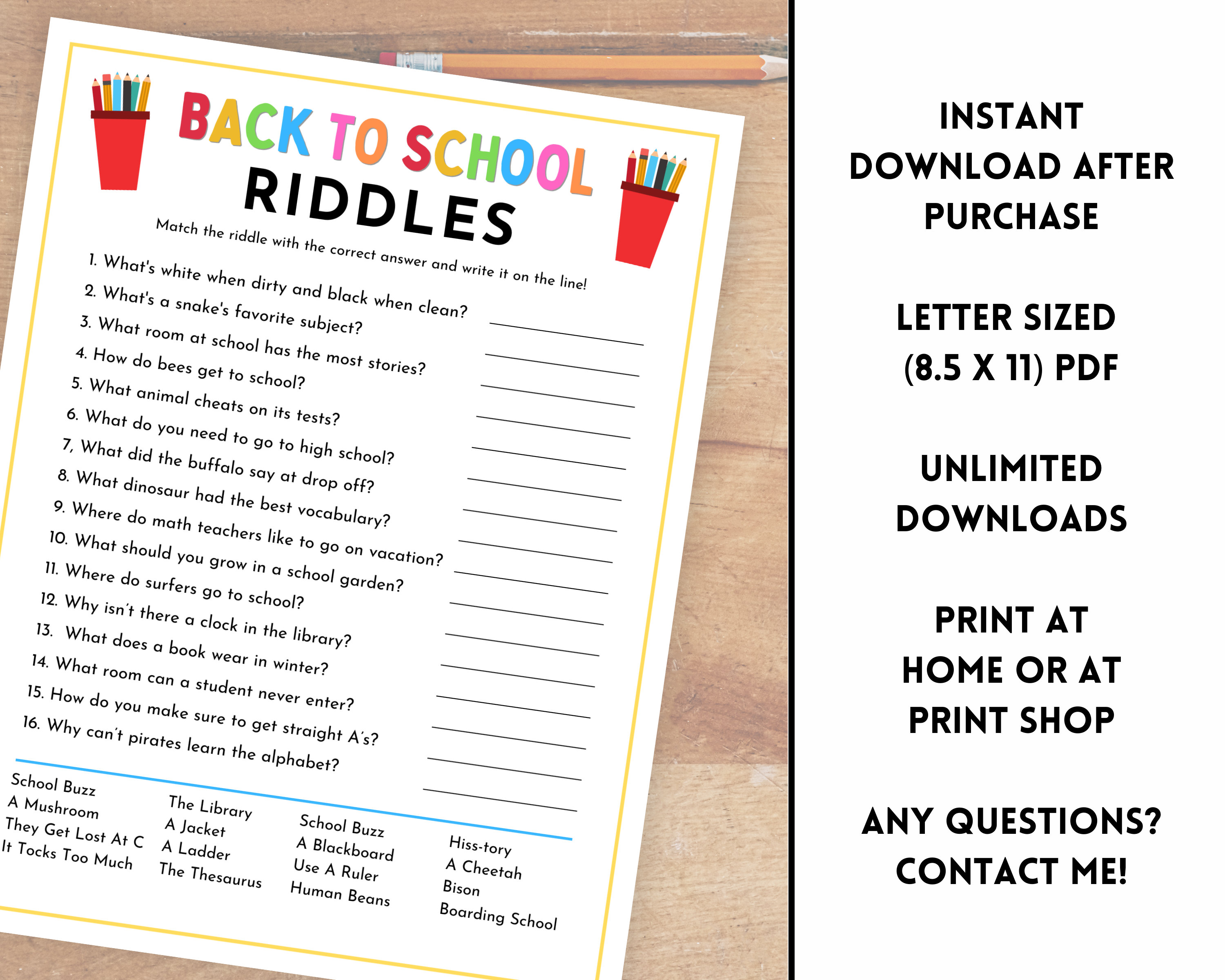 Back to School Riddles Printable Back to School Game First - Etsy