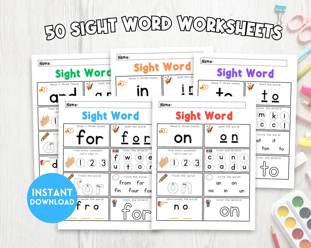 50 Sight Word Worksheets, Printable Sight Words, Kindergarten ...