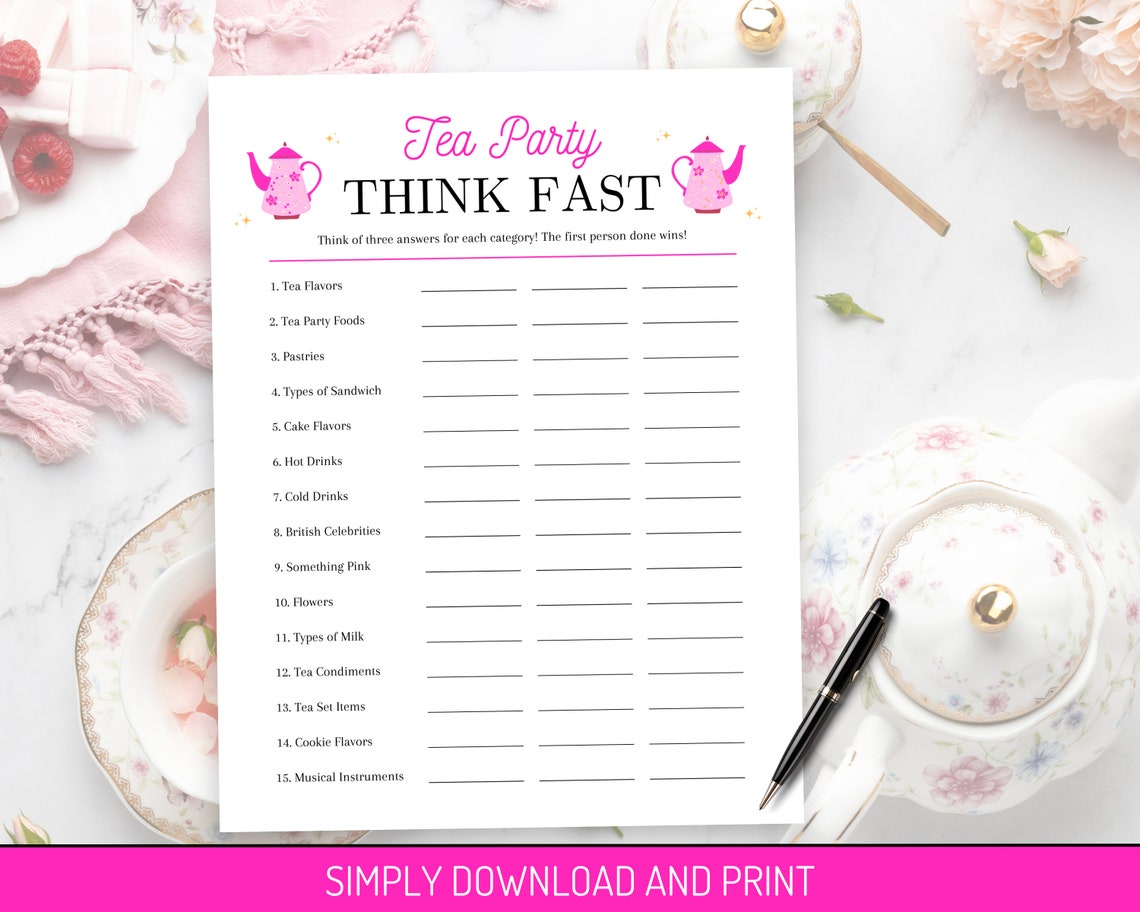 Tea Party Think Fast Game, Tea Party Game Printable, Tea Party Game for ...