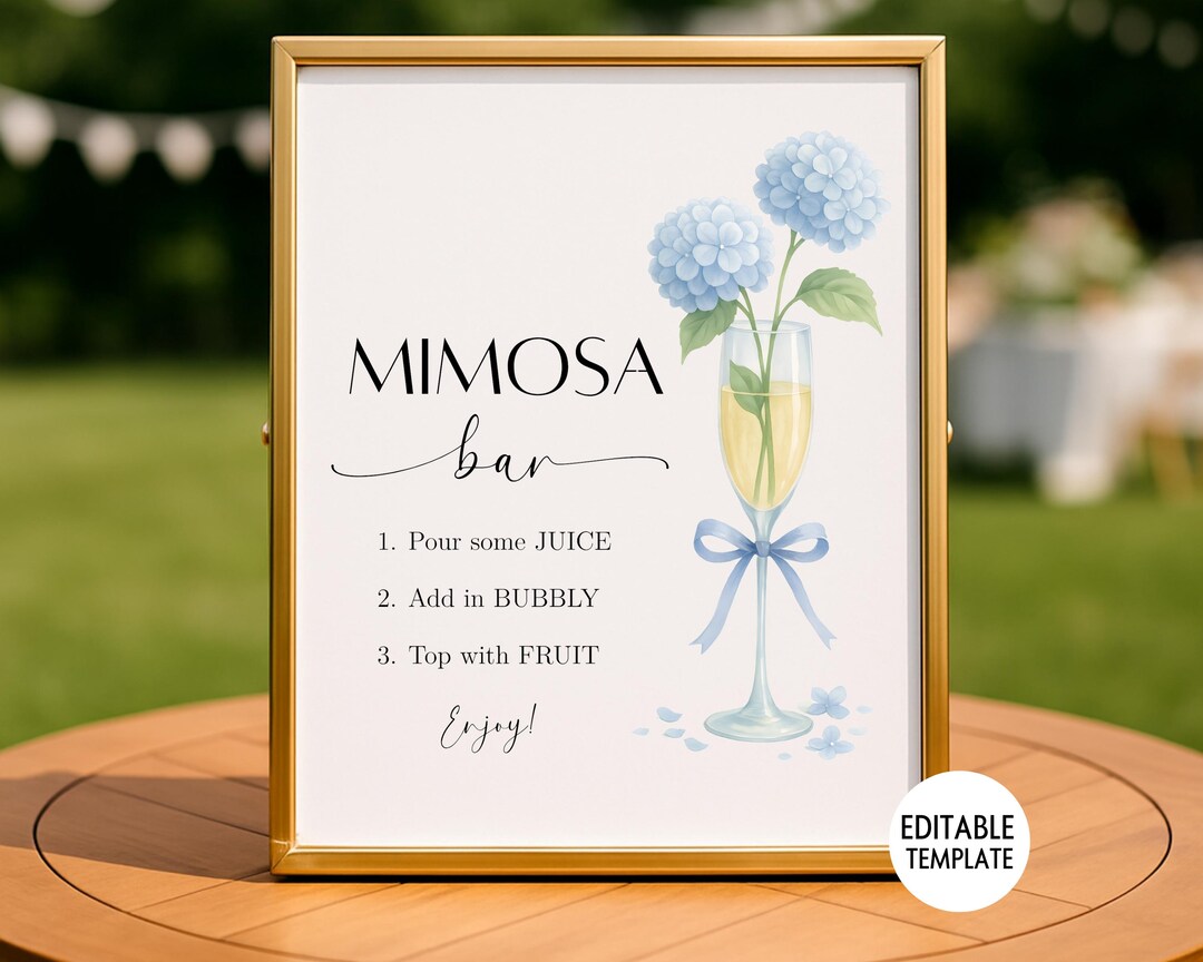 Blue Hydrangea Mimosa Bar Sign, Bridal Shower Mimosa Bar Sign, Brunch ...