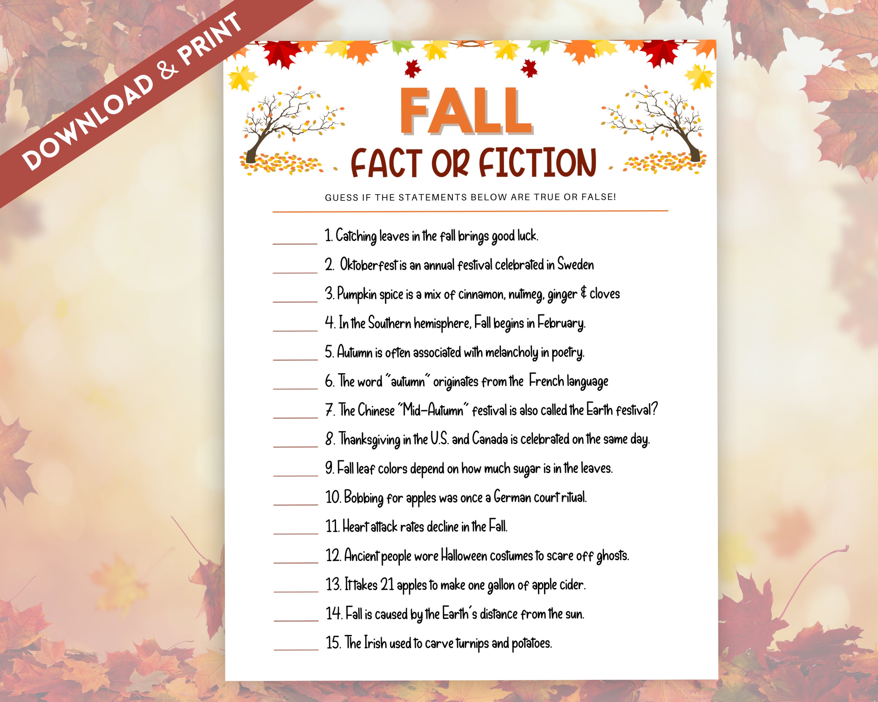 Fall Trivia Game Fact or Faction Fall Party Game Fall Themed - Etsy