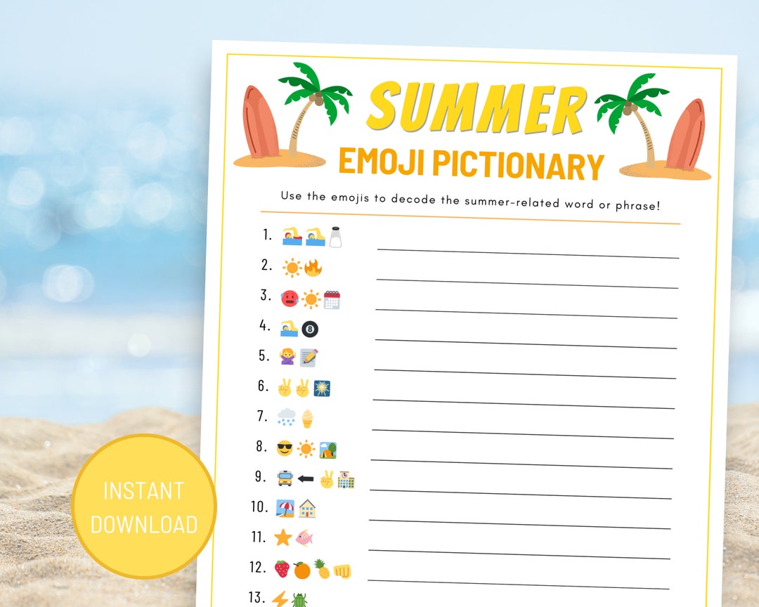 Summer Emoji Pictionary, Printable Summer Party Game, Summer Party Game ...