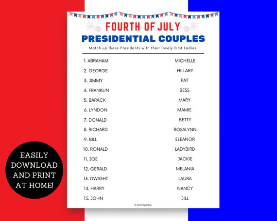 Fourth of July Game Presidential Couples Game 4th of July | Etsy