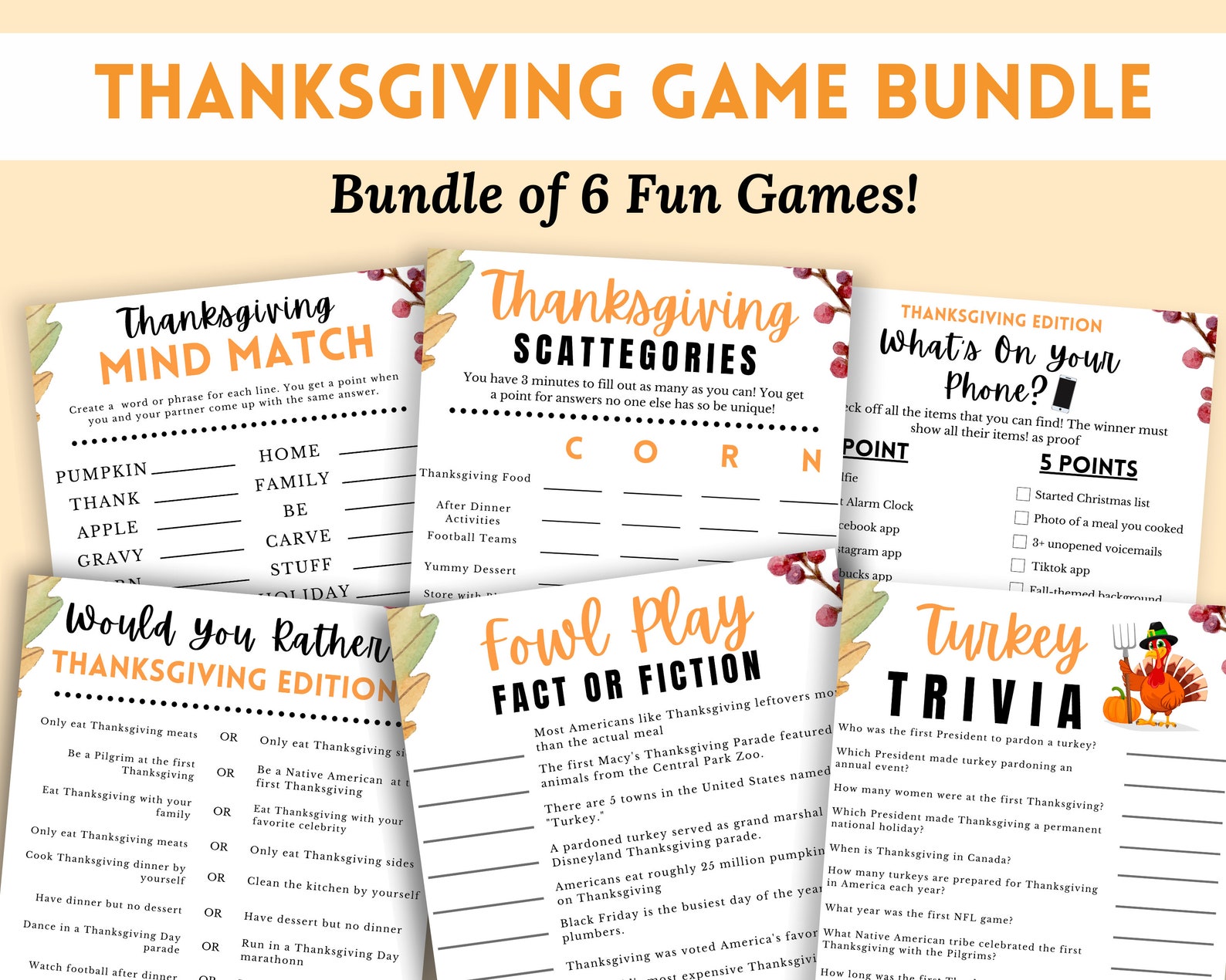 Thanksgiving Games, Thanksgiving Party Games, Thanksgiving Game Bundle ...