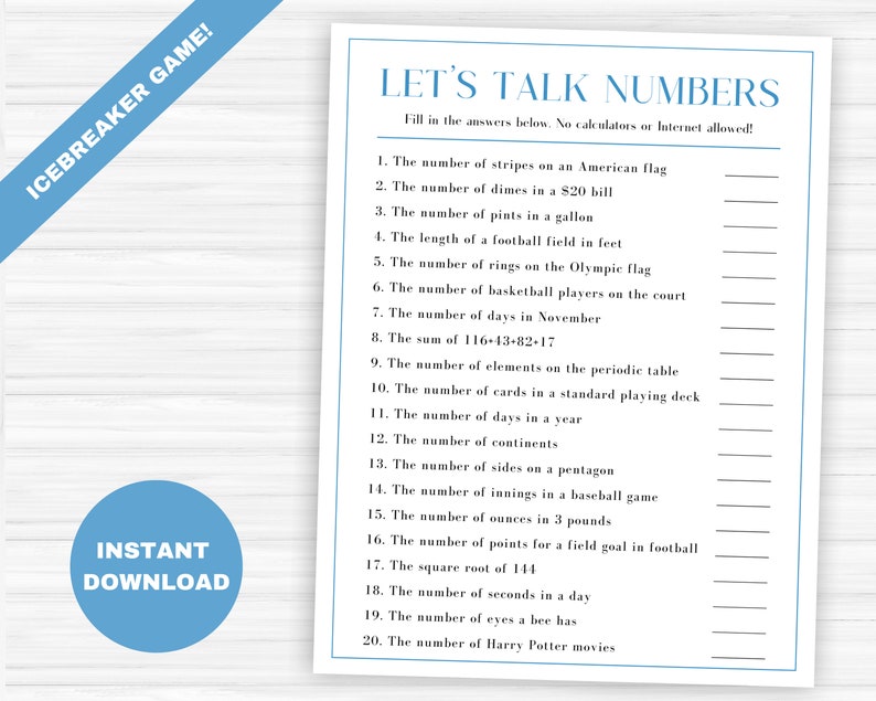 Let's Talk Numbers Game Icebreaker Game Adult Party - Etsy