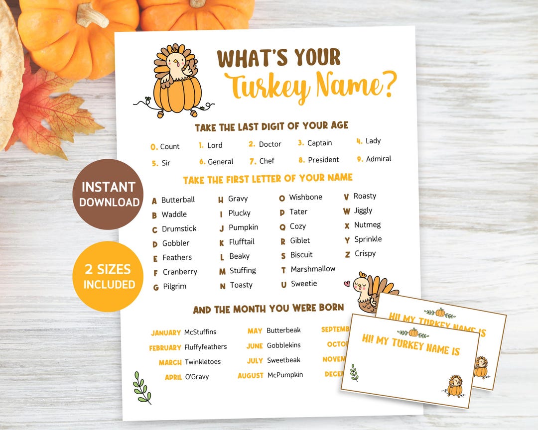 What's Your Turkey Name, Printable Thanksgiving Game, Office ...