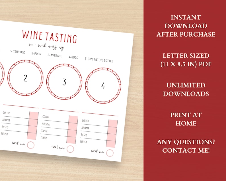 Wine Tasting Sheet 4 Wines, Wine Tasting Card, Printable Wine Tasting ...