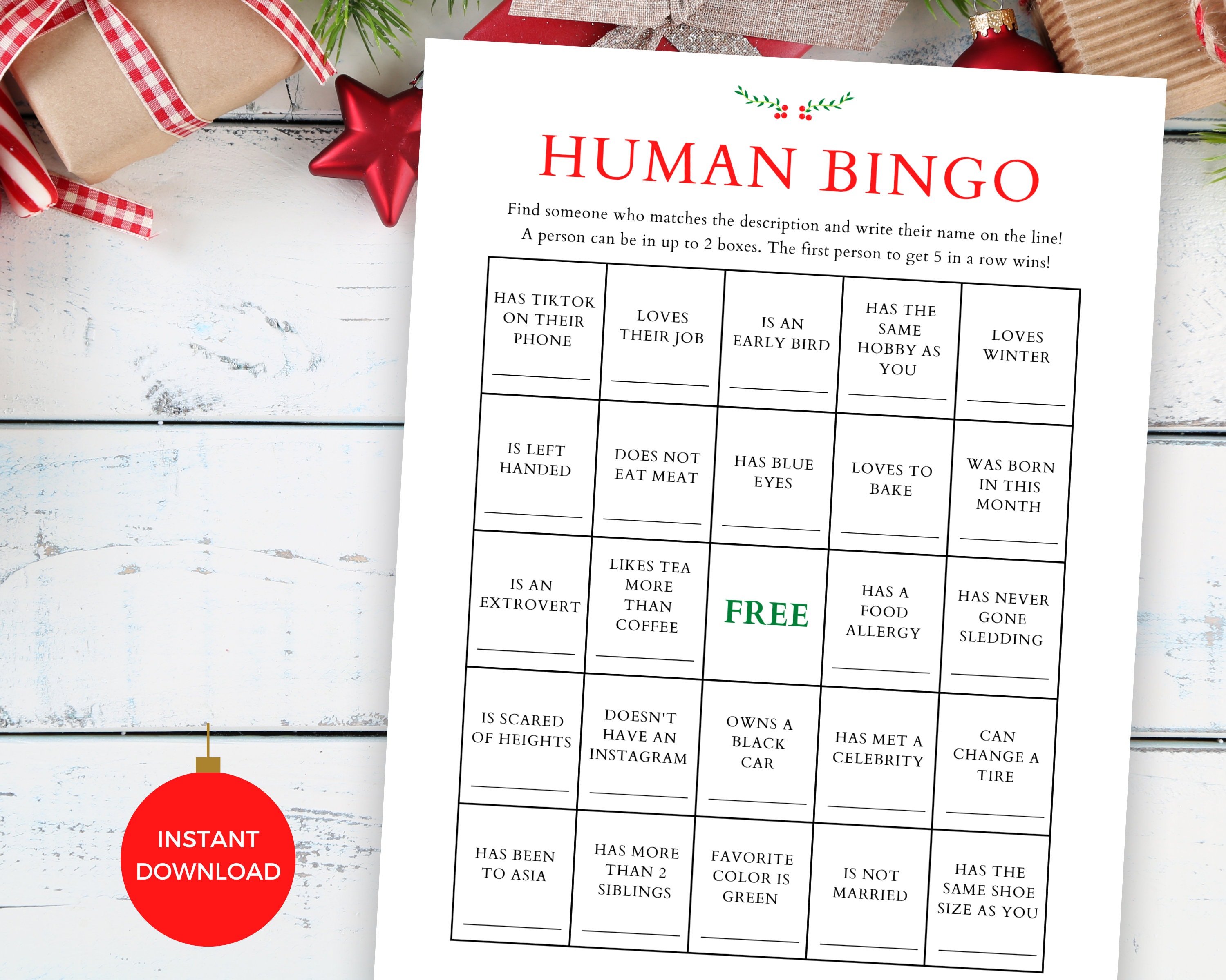 Human Bingo Christmas Party Starter Game Printable Christmas - Etsy