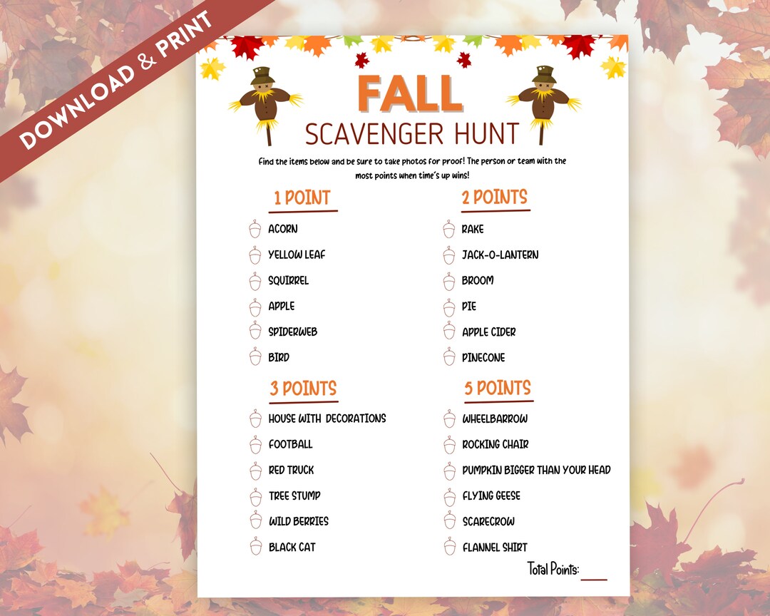 Fall Scavenger Hunt, Printable Scavenger Hunt Fall, Printable Games for ...
