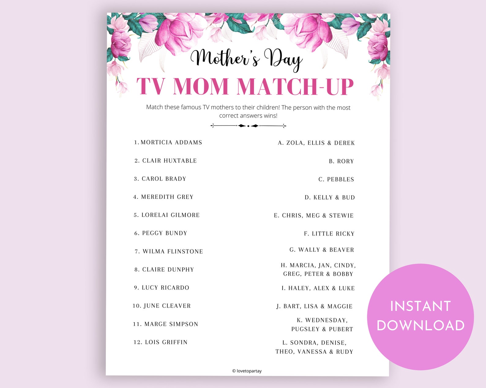 Mother's Day Game TV Mom Matchup Game Mother's Day - Etsy