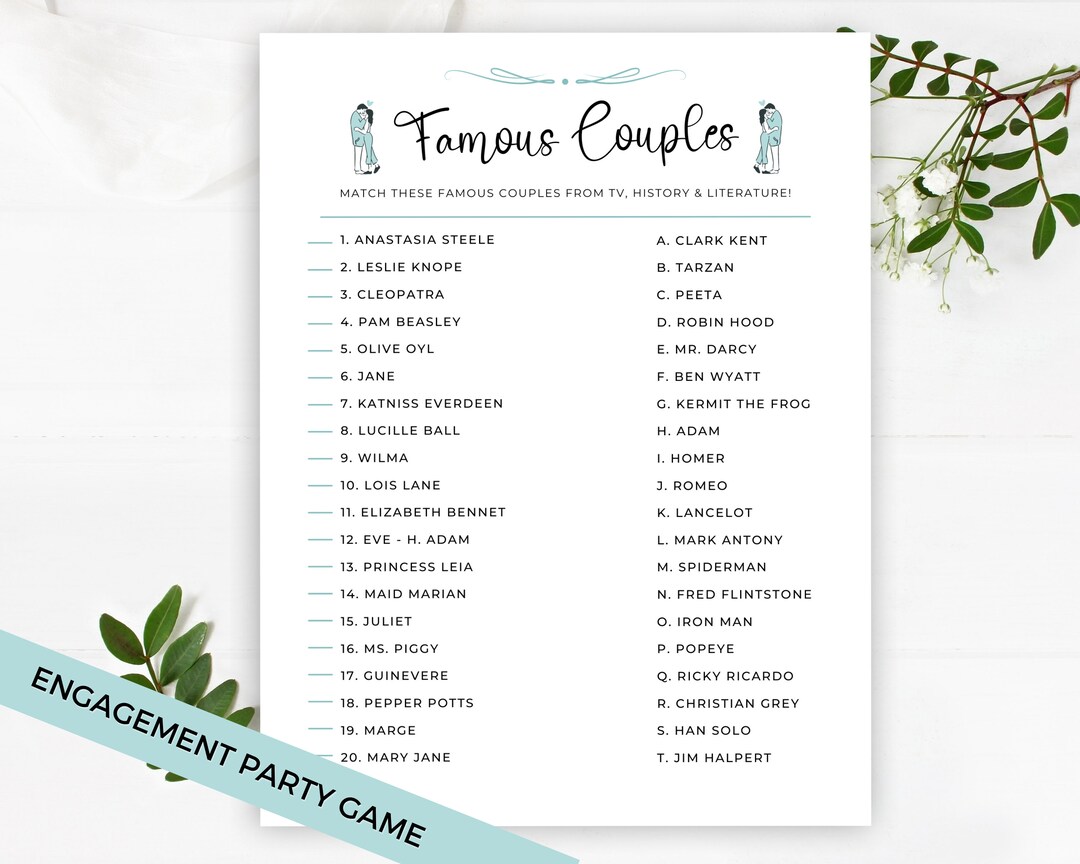 Famous Couples Game, Couple Matching Game, Blue Bridal Shower Game ...