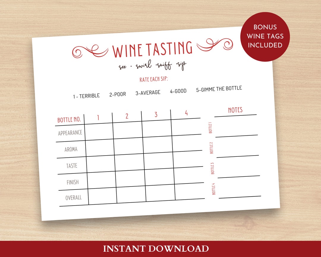 Wine Tasting Sheet 4 Wines, Wine Tasting Card, Printable Wine Tasting Scorecard, Wine Tags ...