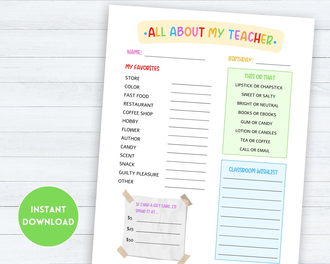 Teacher Favorite Things Form Teacher Survey Classroom - Etsy