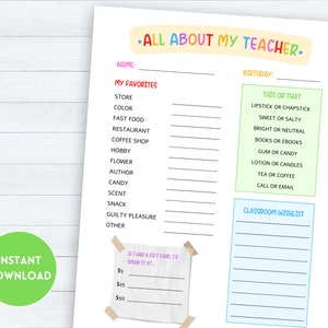Teacher Favorite Things Form, Teacher Survey, Classroom Wishlist ...