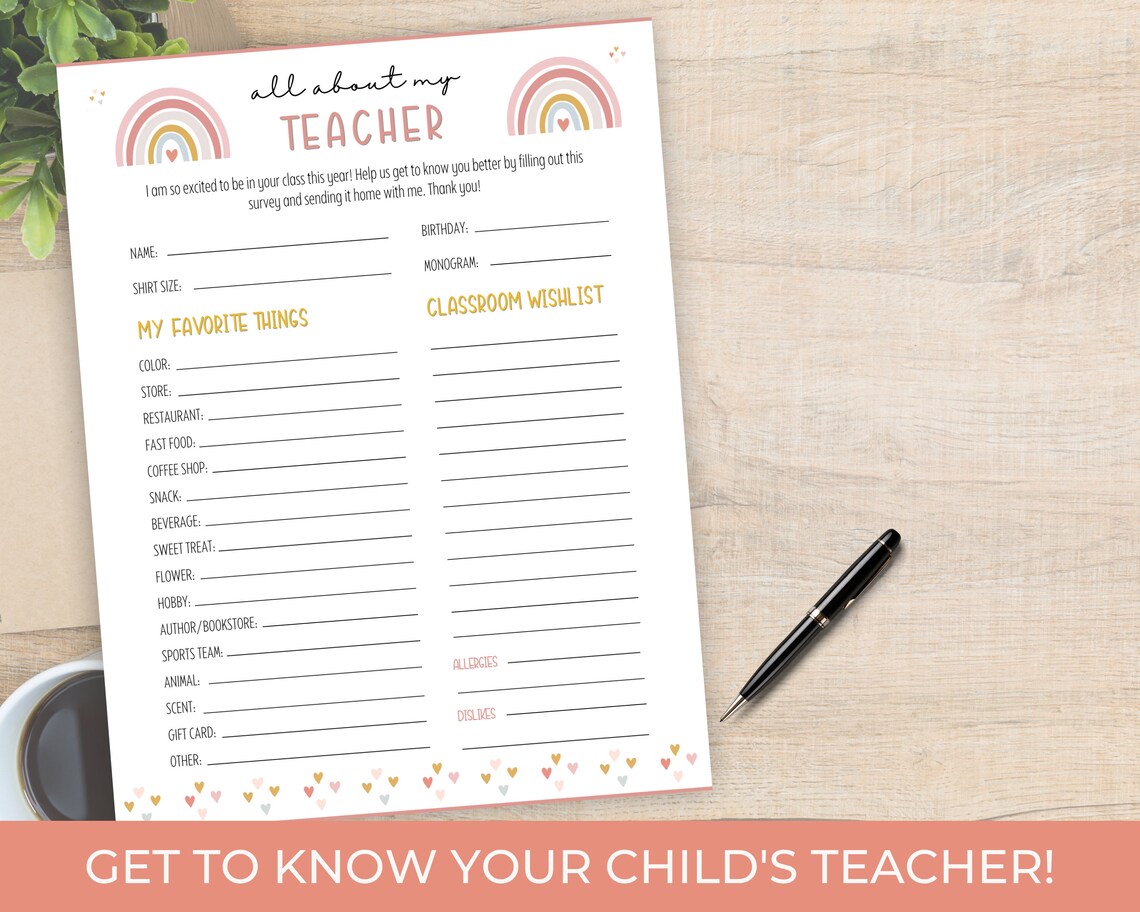 All About the Teacher Survey, PTA Teacher Form, Teacher Appreciation ...