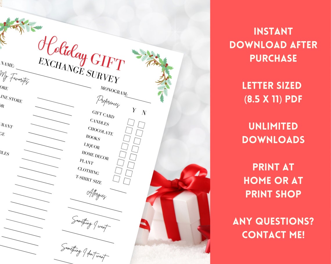 Holiday Gift Exchange Survey, Holiday Gift Exchange Questionnaire ...