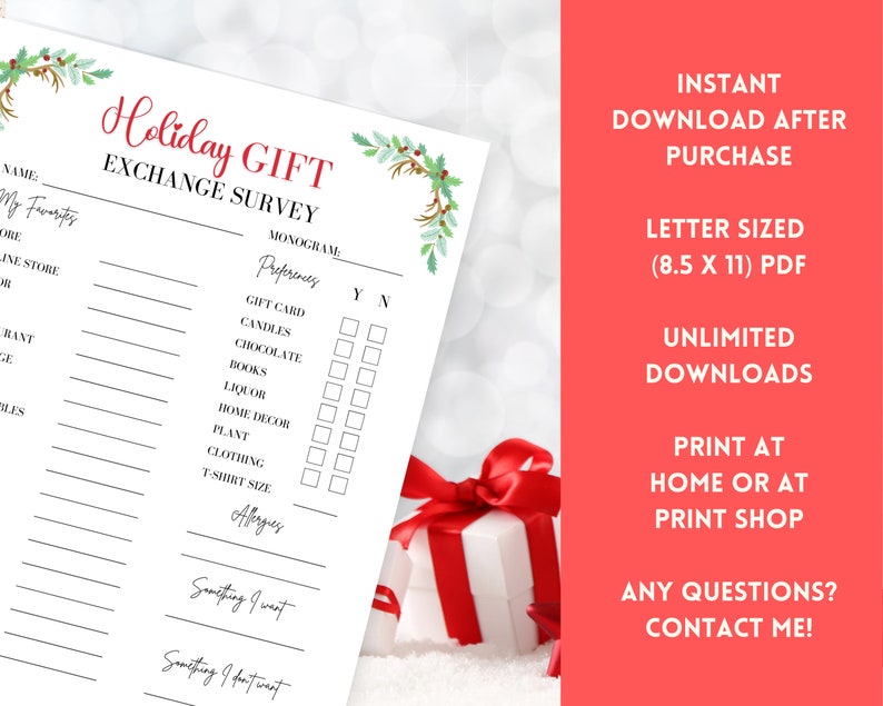 Holiday Gift Exchange Survey, Holiday Gift Exchange Questionnaire ...