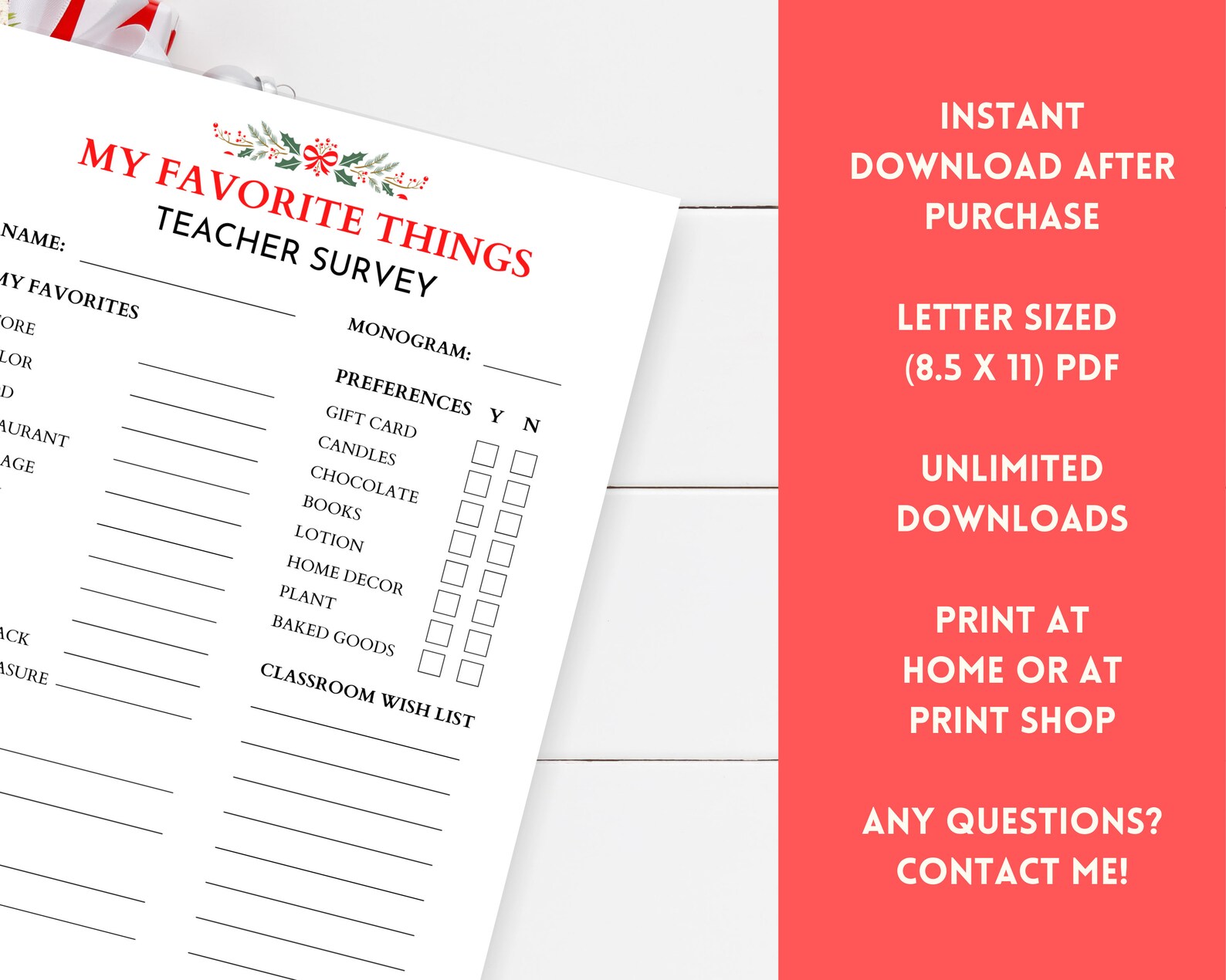 Teacher's Favorite Things Questionnaire, Teacher Survey, Christmas ...