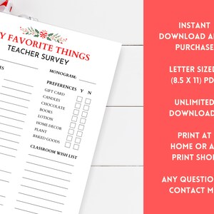 Teacher's Favorite Things Questionnaire, Teacher Survey, Christmas ...