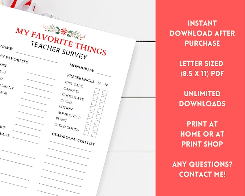 Teacher's Favorite Things Questionnaire Teacher Survey - Etsy