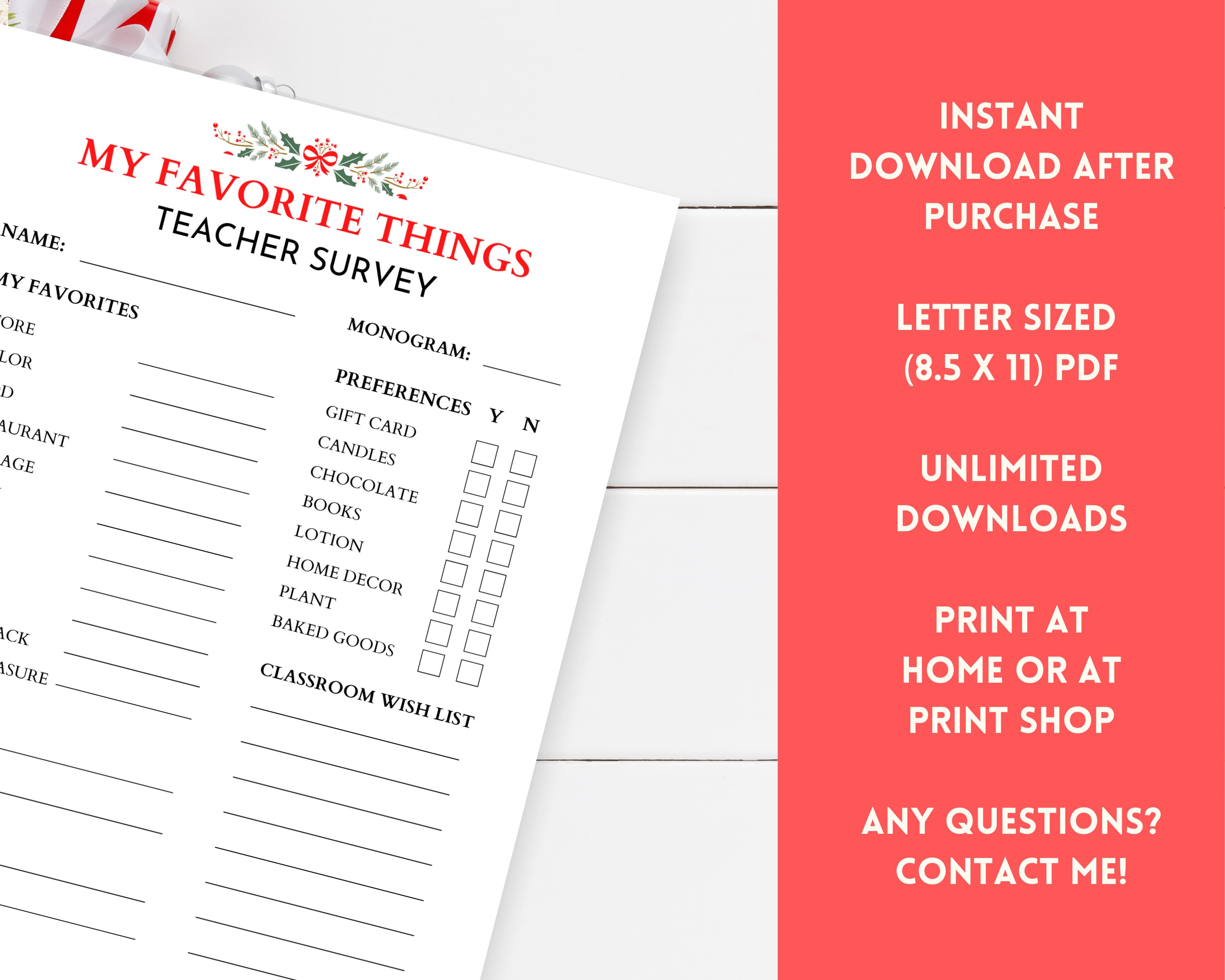 Teacher's Favorite Things Questionnaire Teacher Survey - Etsy