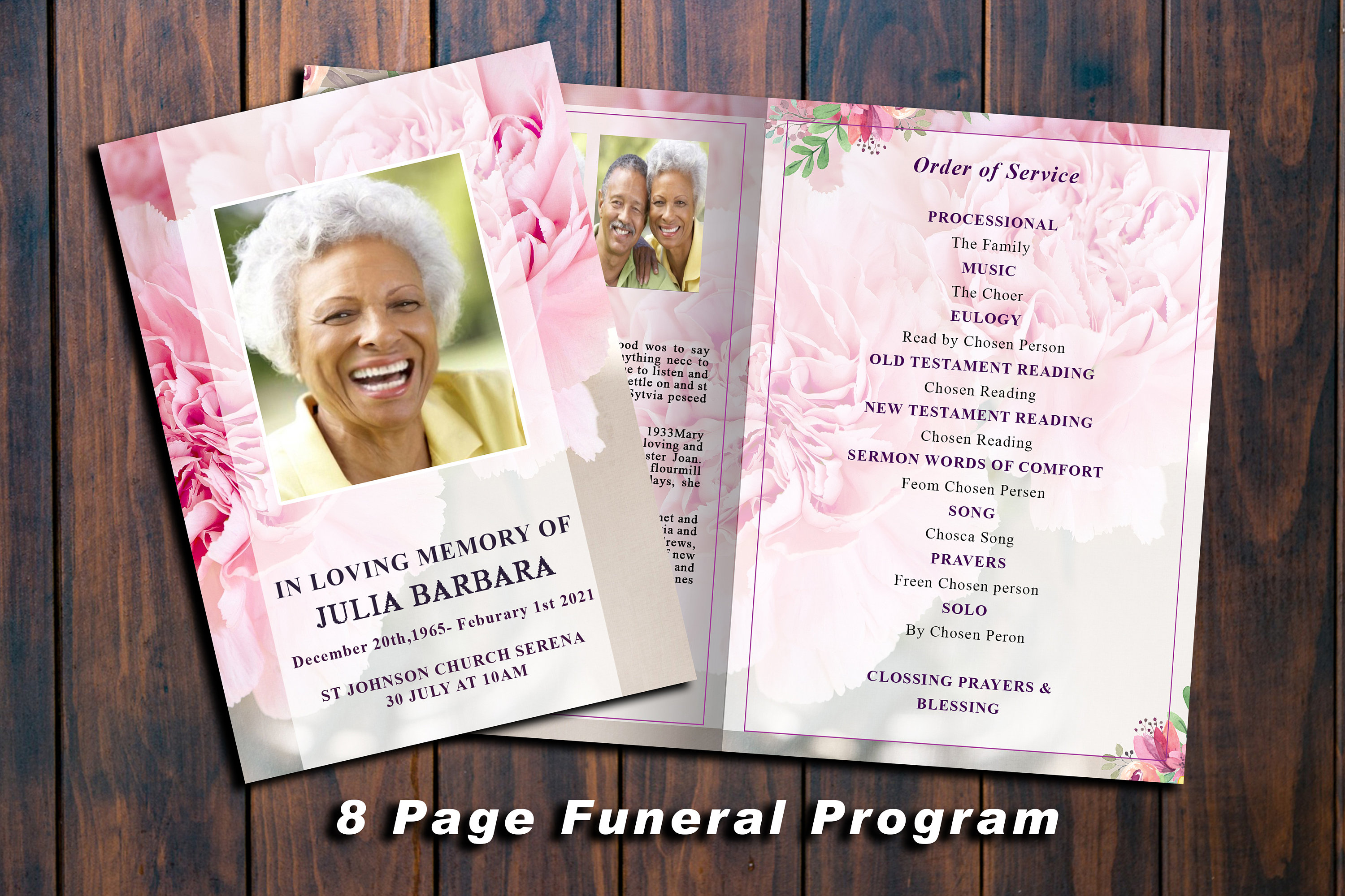 8 Page Pink Flowers Funeral Program Template | 8 Page Obituary Template ...
