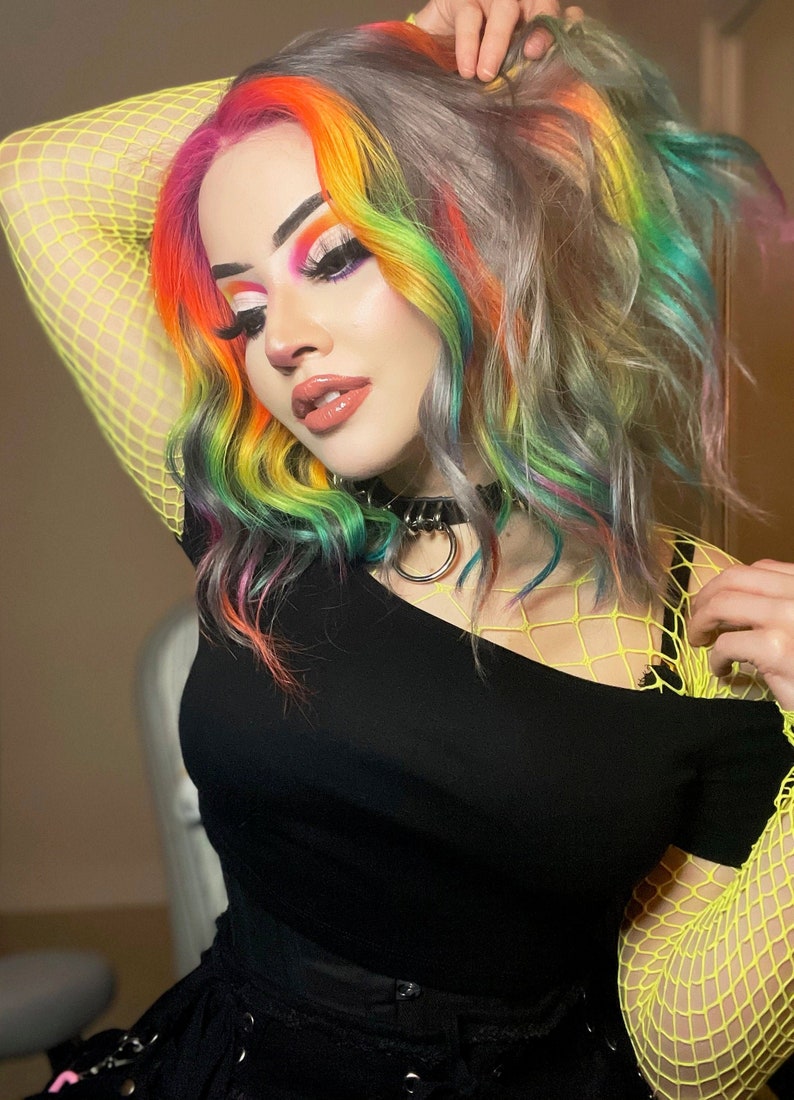 Silver Human Hair Wig With Rainbow Money Pieces and Highlights | Etsy