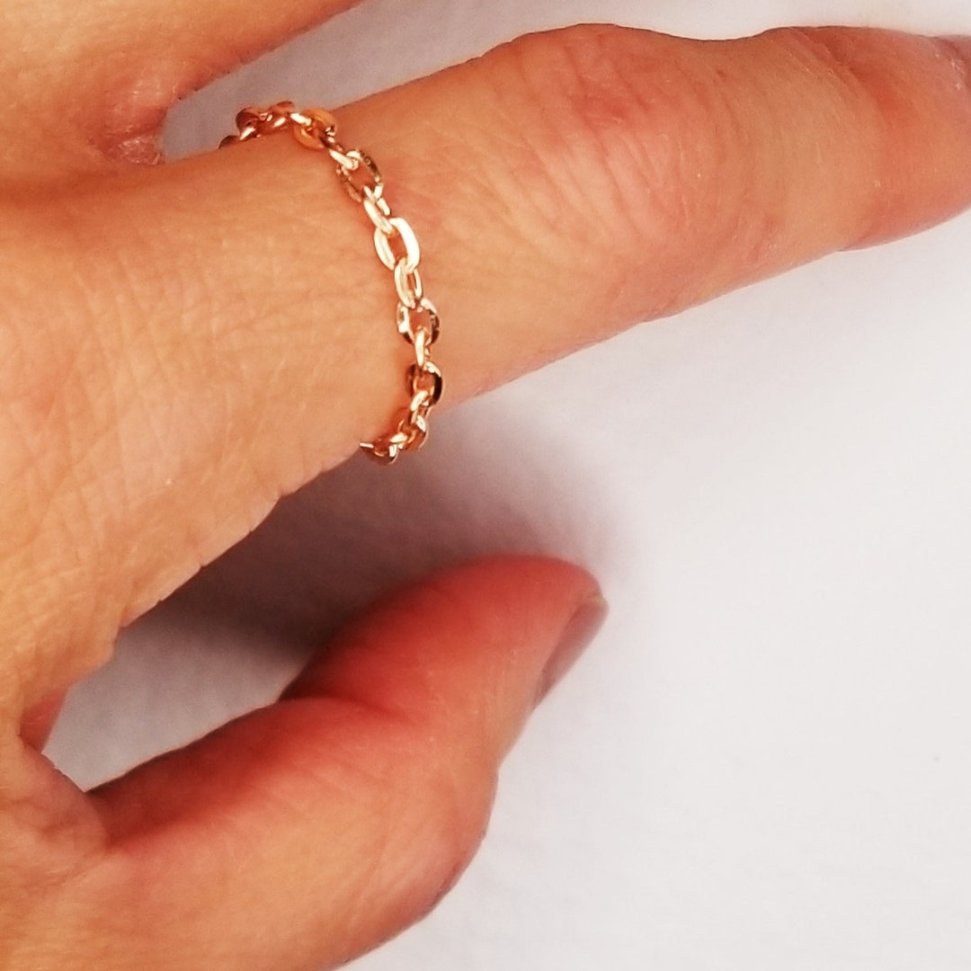 Rose Gold Thin Chain Ring, Delicate Curb Chain Ring, Minimalist Ring ...