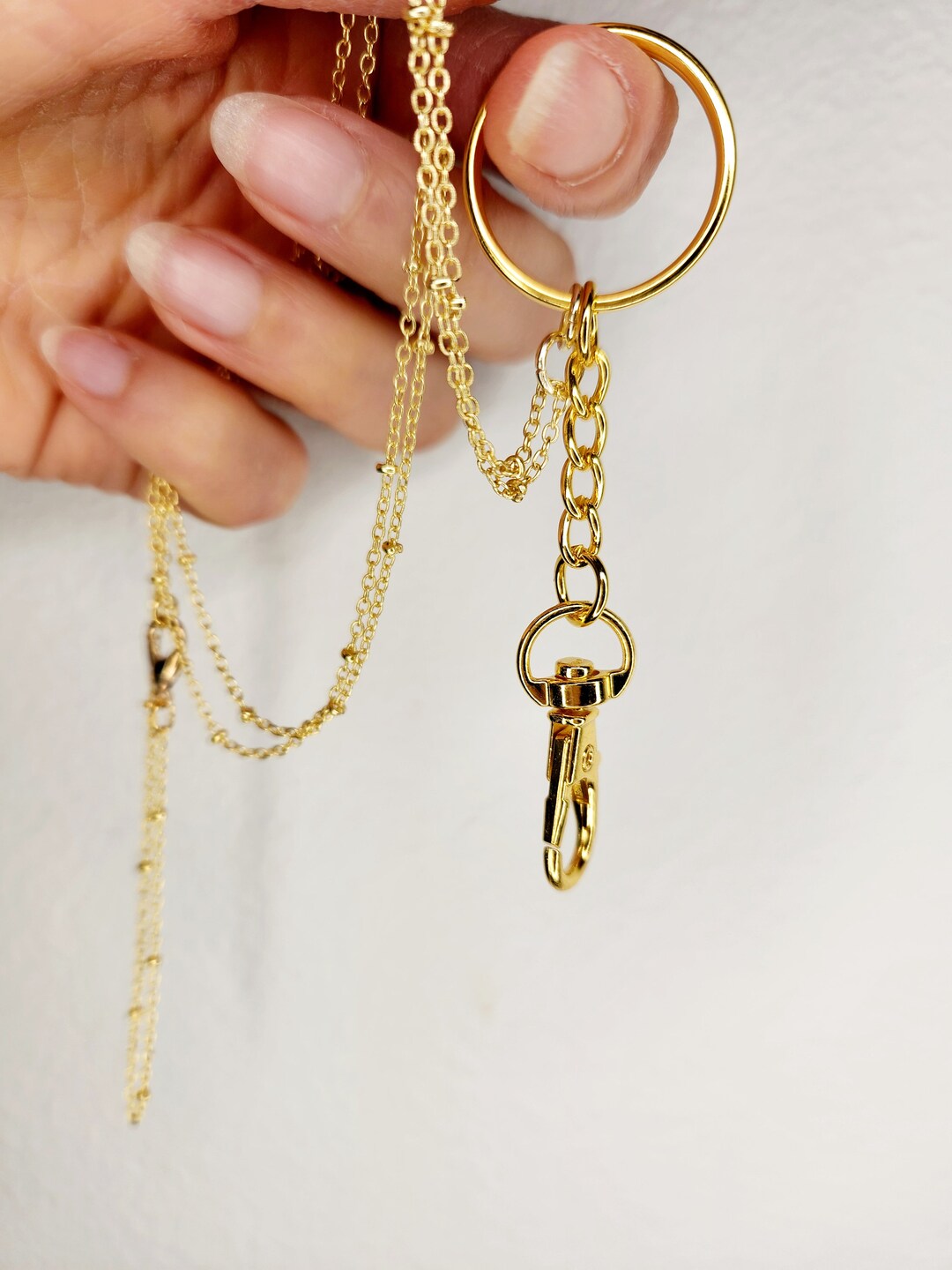 14K Gold Satellite Chain Lanyard, Dainty Gold Chain ID Badge Holder ...