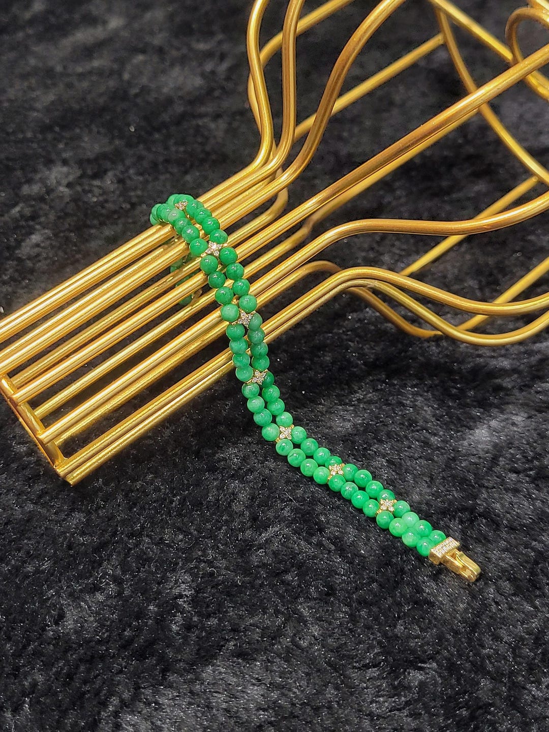 18k Yellow Gold Myanmar Grade A Jadeite Beads Bracelet dual Strand ...