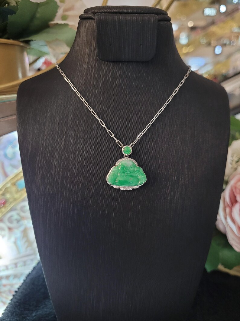 18k White Gold Settings + Myanmar Grade A Carved Jadeite Pendant ...
