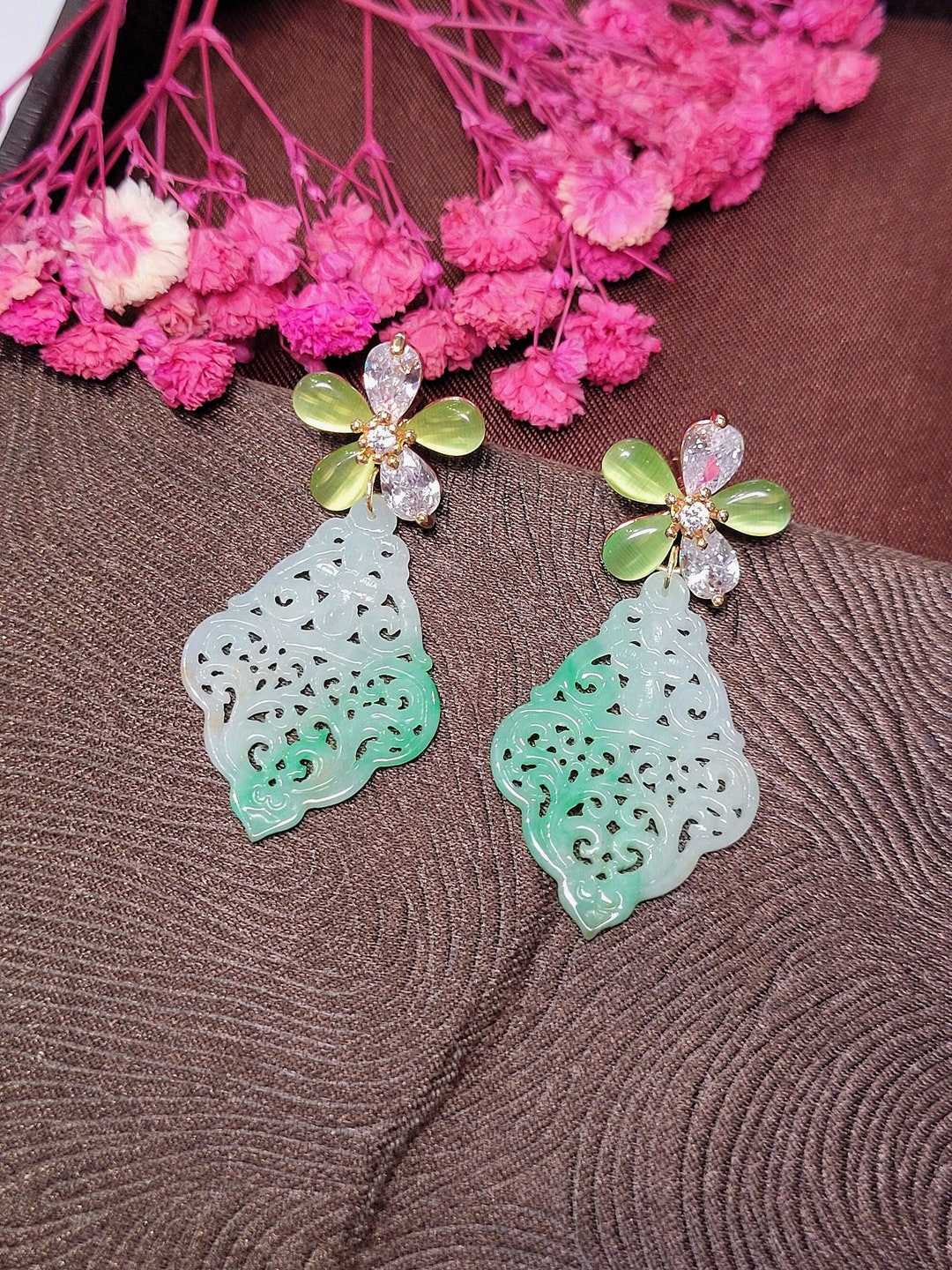 Myanmar Grade A Carved Jadeite Earrings Pair 704 Gemstone Natural Myanmar Grade A Carved Jadeite Earrings Pair 704 Gemstone Natural
