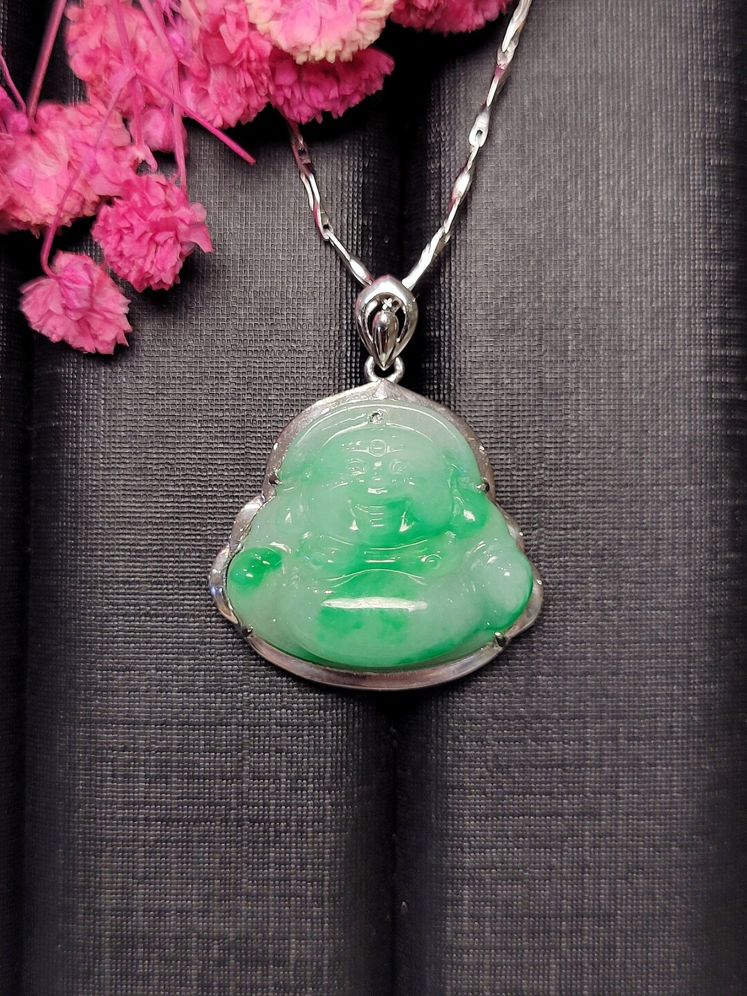 18k White Gold Settings Myanmar Grade A Carved Jadeite Pendant laughing Buddha-shaped JP174 ...
