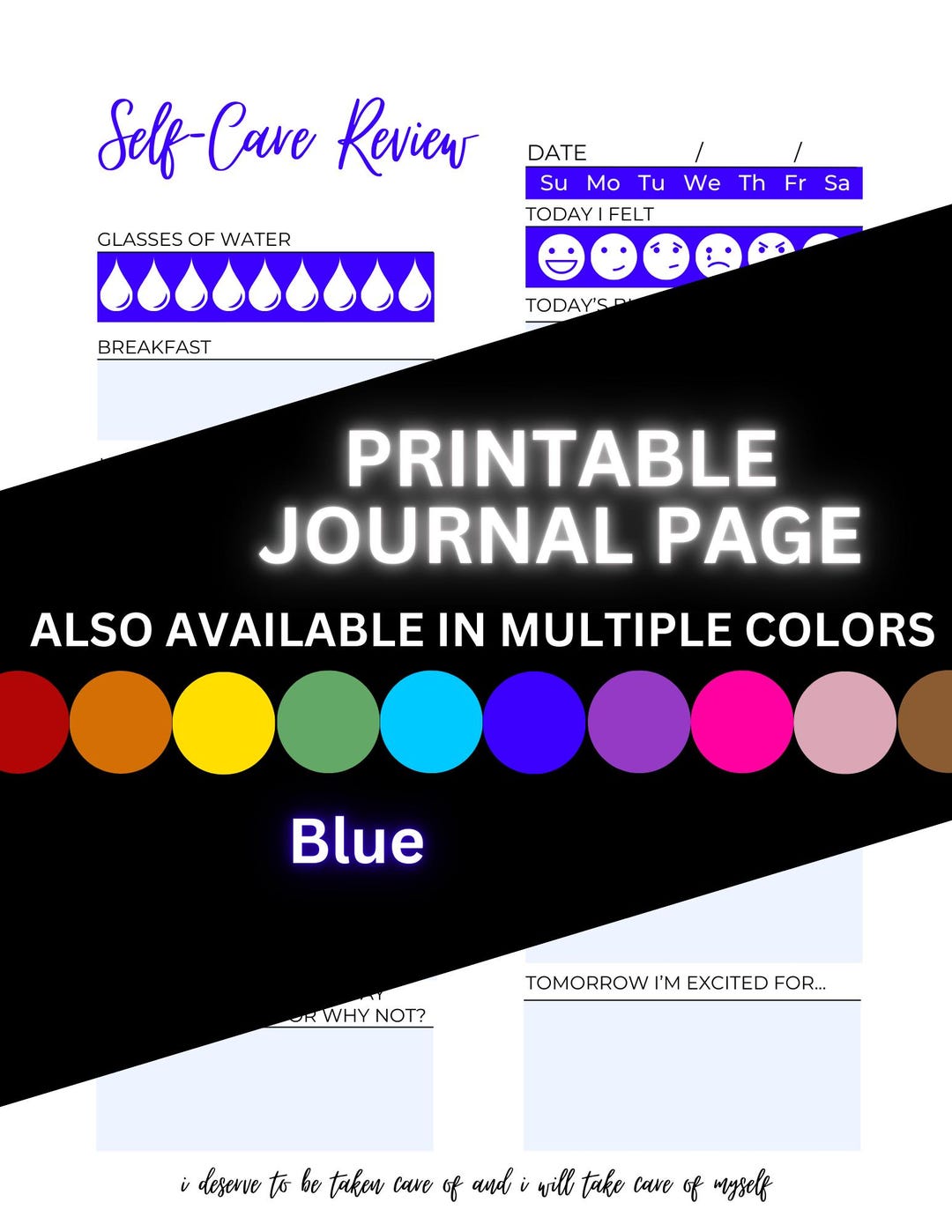 BLUE: Self-care Review -- 5min Daily Journal Pages to Review Nutrition ...