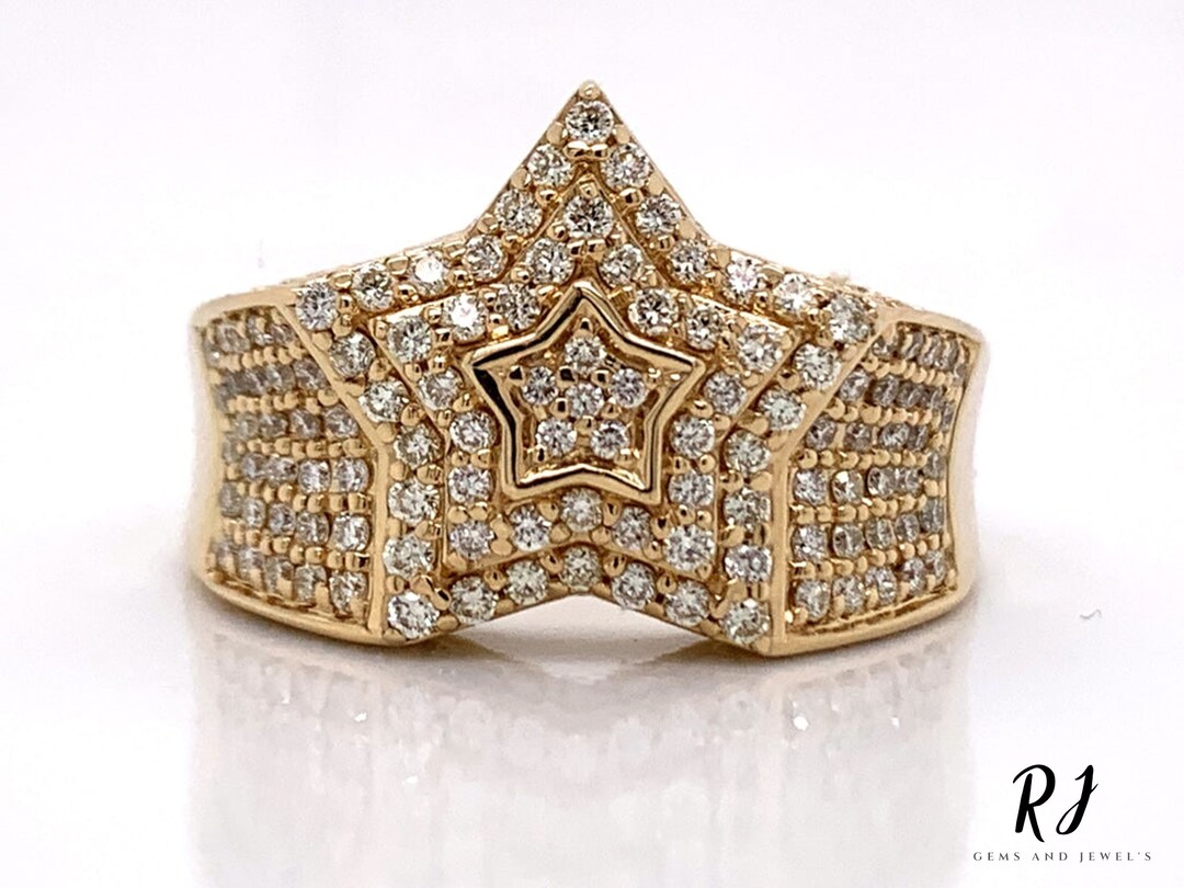 MOISSANITE Iced Out Star Ring for Men, 14K Yellow Gold Hip Hop Ring ...