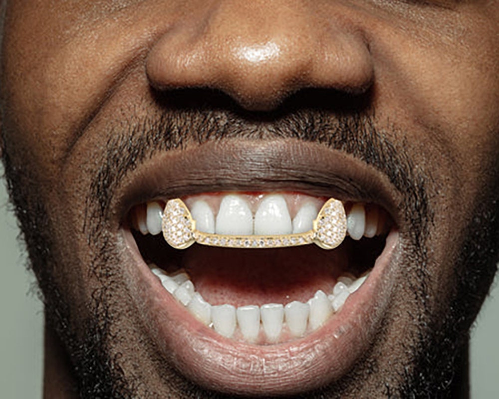 Iced Moissanite Diamond K9 Teeth With Top Bar Grillz in 925 Starling Silver/ 10K Gold/ 14K Gold ...
