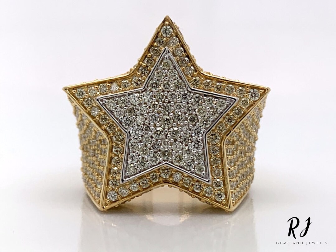 Iced Out 3D Star Ring: 14K Yellow Gold, Moissanite Hip Hop Style - Etsy